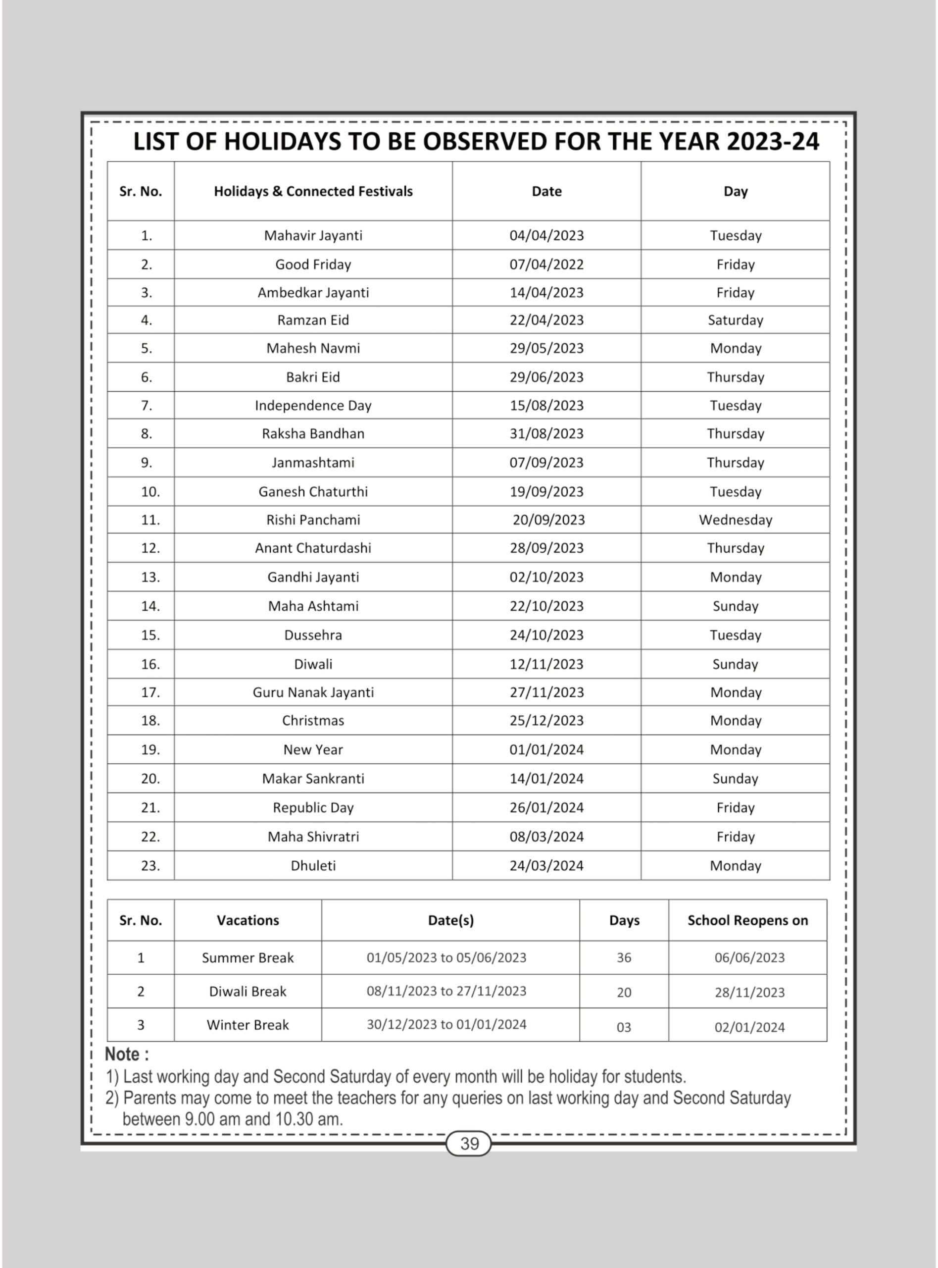 LIST OF HOLIDAYS – SBR Maheshwari Vidyapeeth